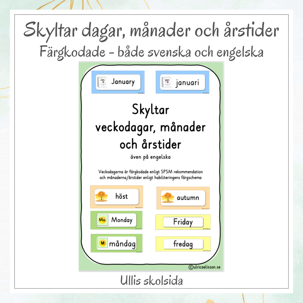 Skyltar veckodagar, månader och årstider - svenska och engelska | Teach ...