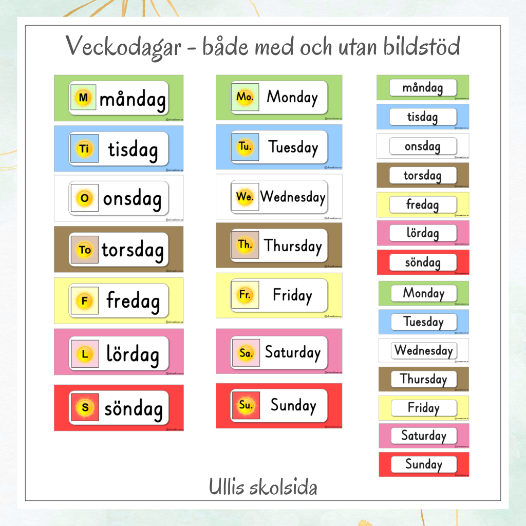 Skyltar veckodagar, månader och årstider - svenska och engelska | Teach ...