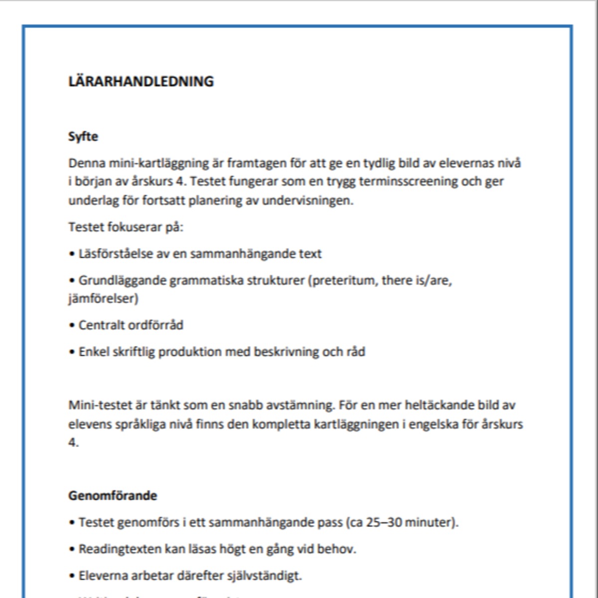 Mini-kartläggning engelska åk 4 – Reading, writing & grammar (Höst ...